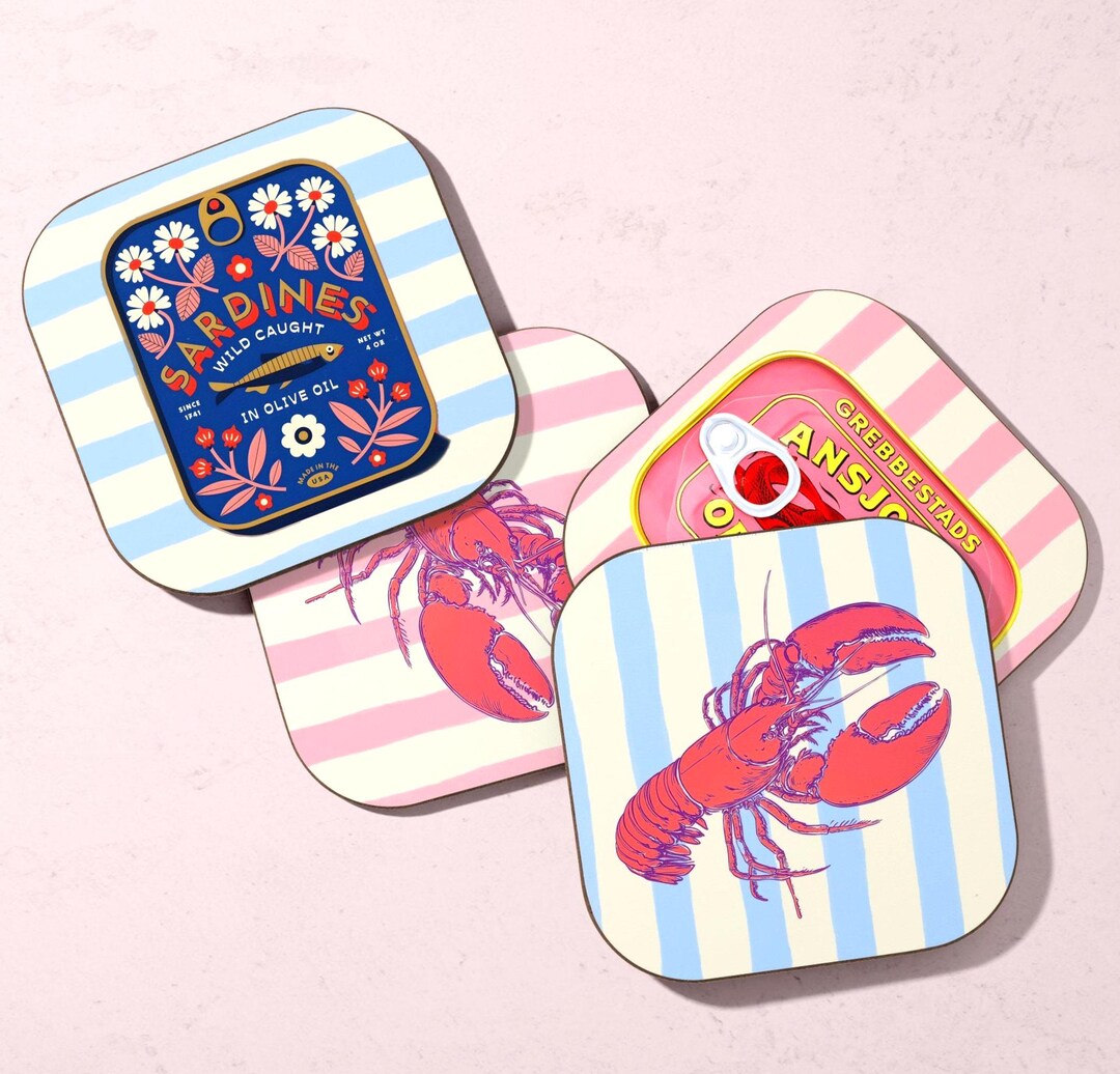 Lobster Coaster Set Nautical Table Decor Blue Coastal Rustic Drink ...