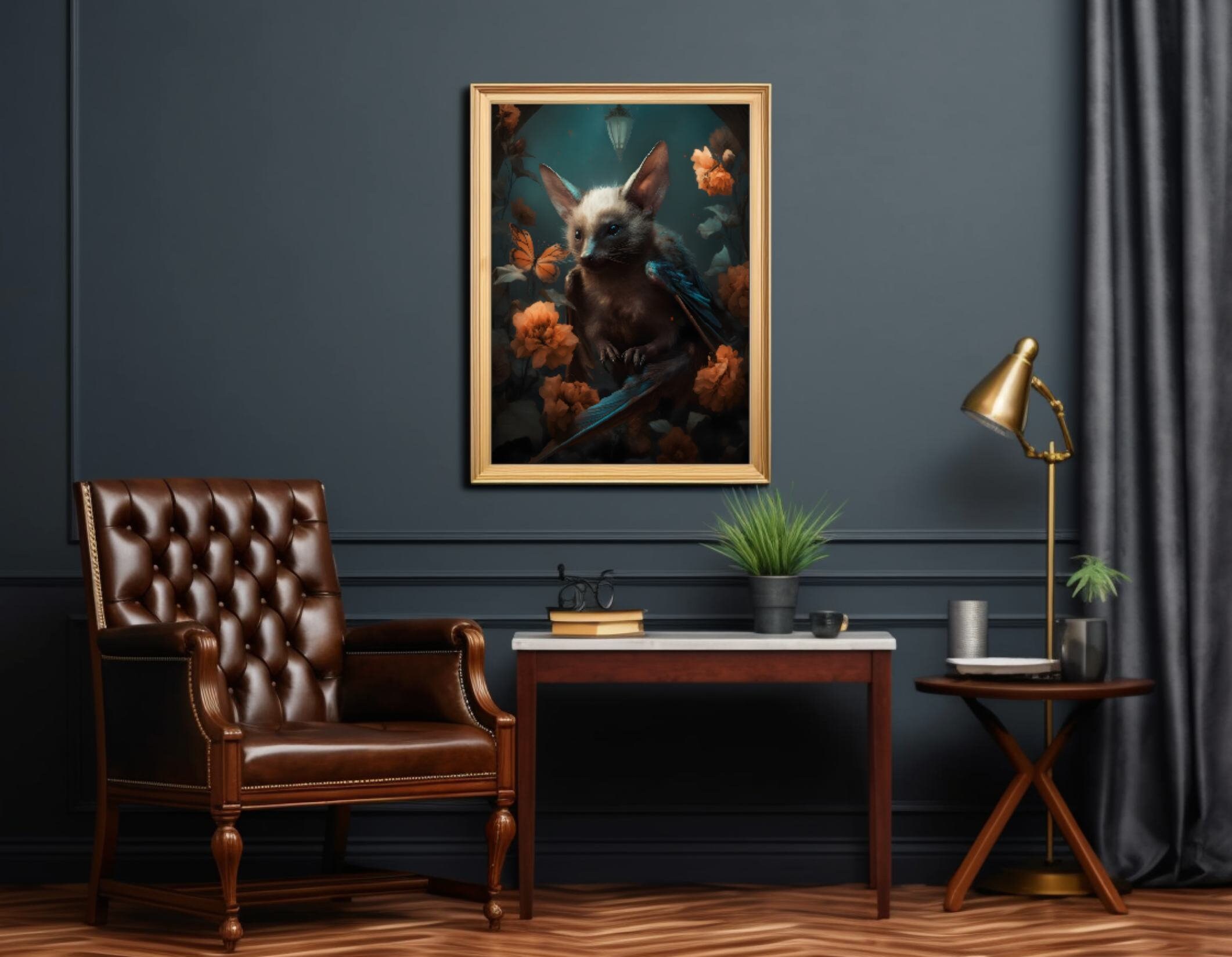 Vintage Bat Painting Bat Floral Wall Art Dark Academia Decor Moody ...
