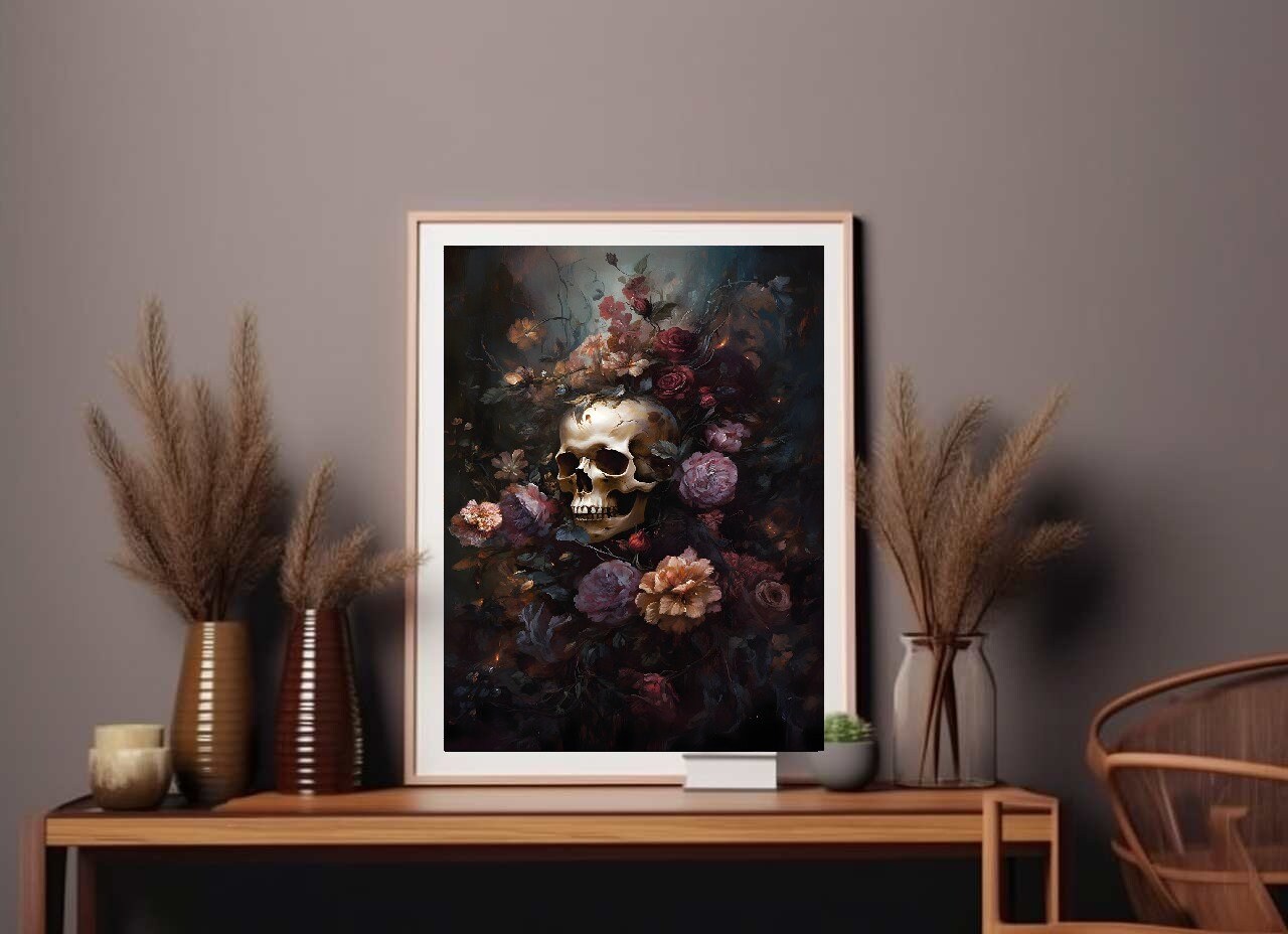 Skull and Flowers Painting Vintage Scull Digital Print Dark Academia ...