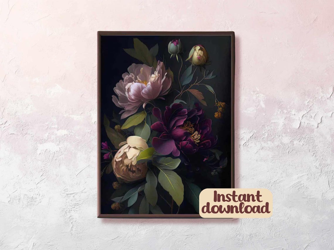 Peony Dark Botanical Wall Art Moody Floral Print Dark Boho Decor ...
