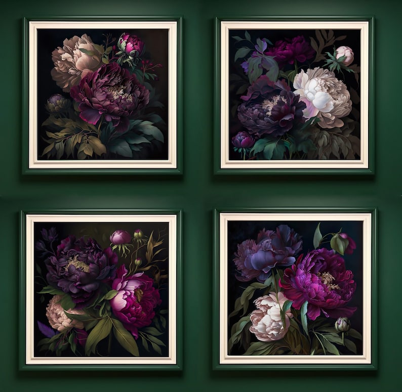 Set Of 4 Peony Dark Botanical Wall Art Moody Floral Print Dark Etsy