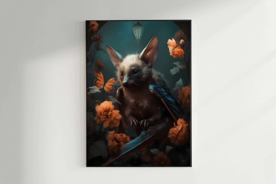 Vintage Bat Painting Bat Floral Wall Art Dark Academia Decor Moody ...