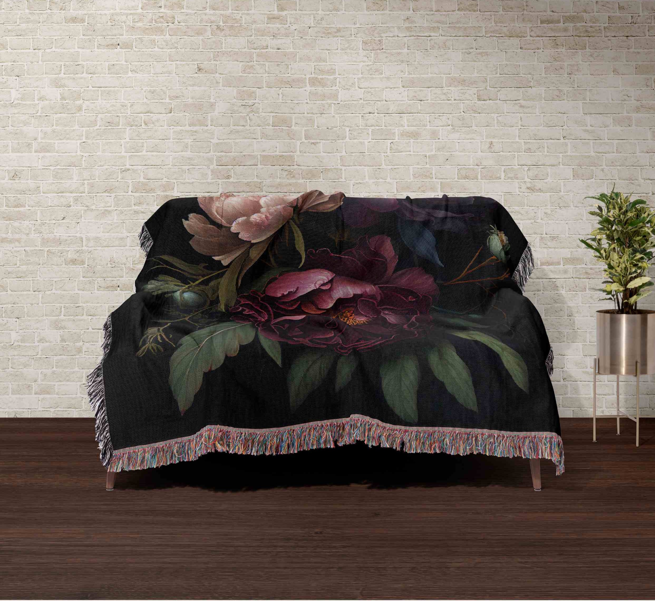 Woven Throw Blanket Dark Academia Blanket Floral Dark Cottagecore ...