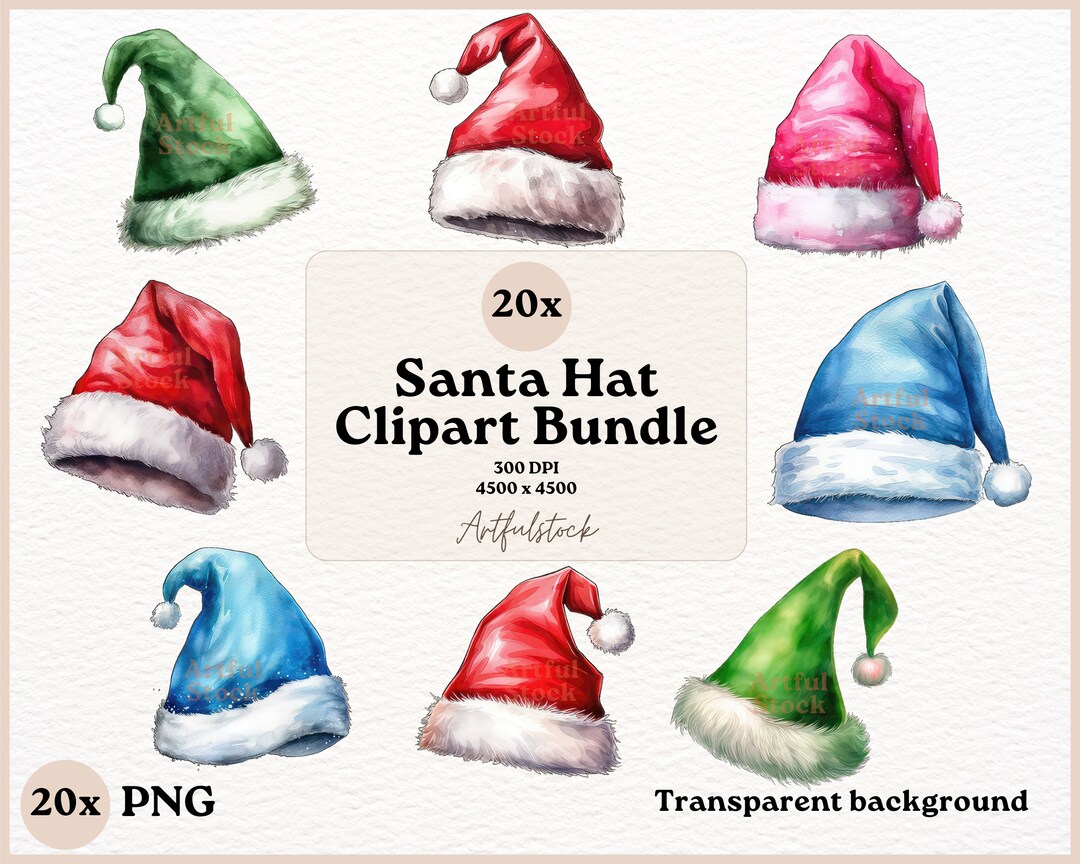 20 Santa Hat Clipart, Watercolor Christmas Clipart, Santa Claus, Winter ...