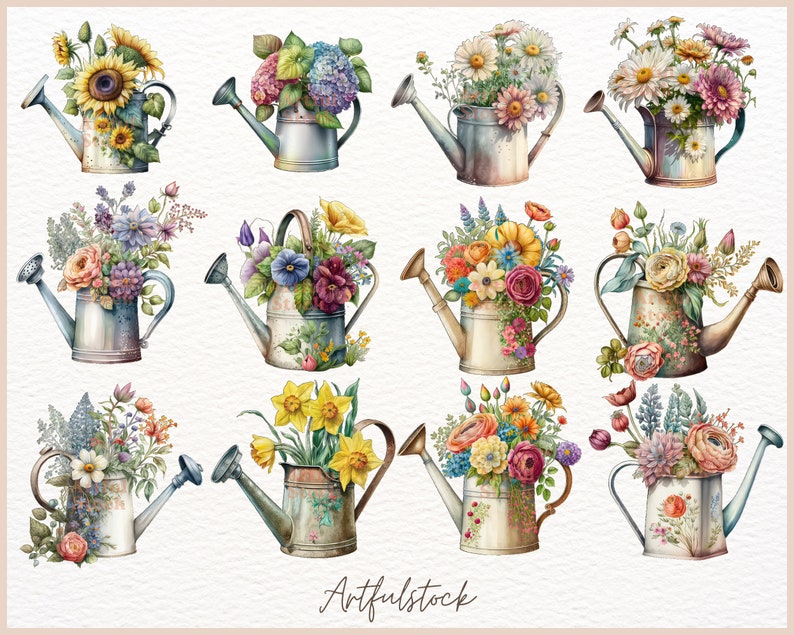 Watercolor Floral Watering Can Clipart, Cans Clipart, Gardening Clipart ...