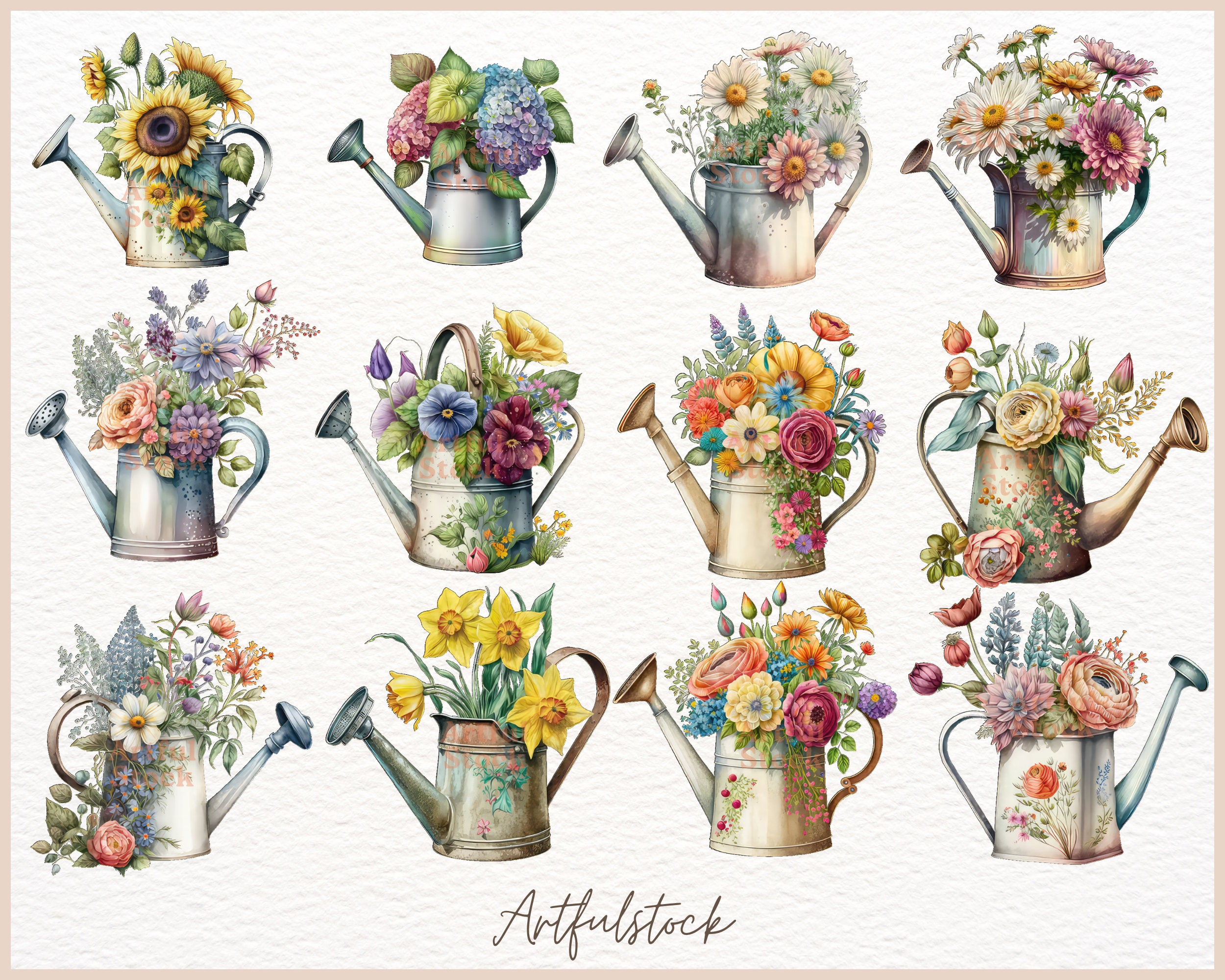 Watercolor Floral Watering Can Clipart, Cans Clipart, Gardening Clipart ...