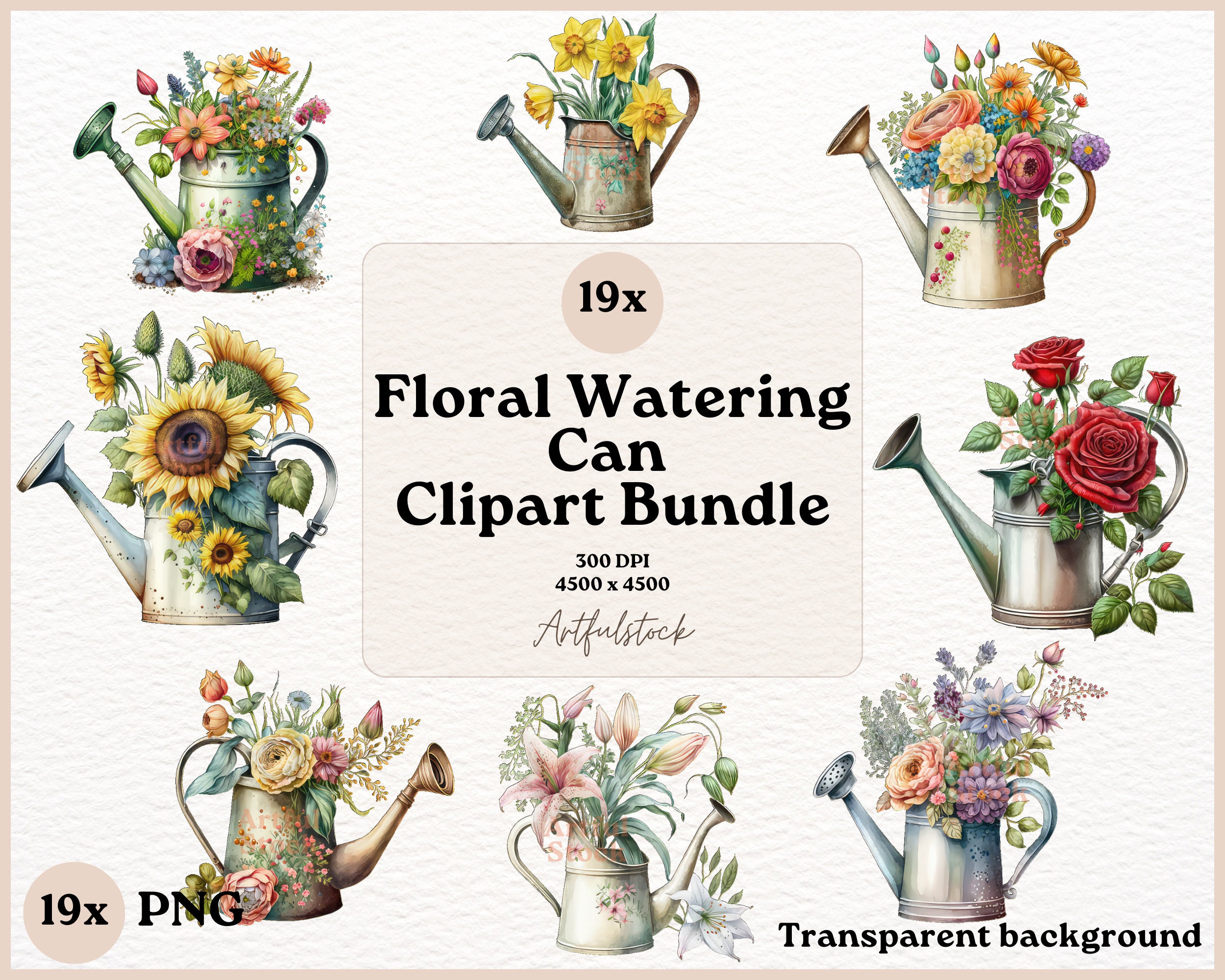 Watercolor Floral Watering Can Clipart, Cans Clipart, Gardening Clipart ...