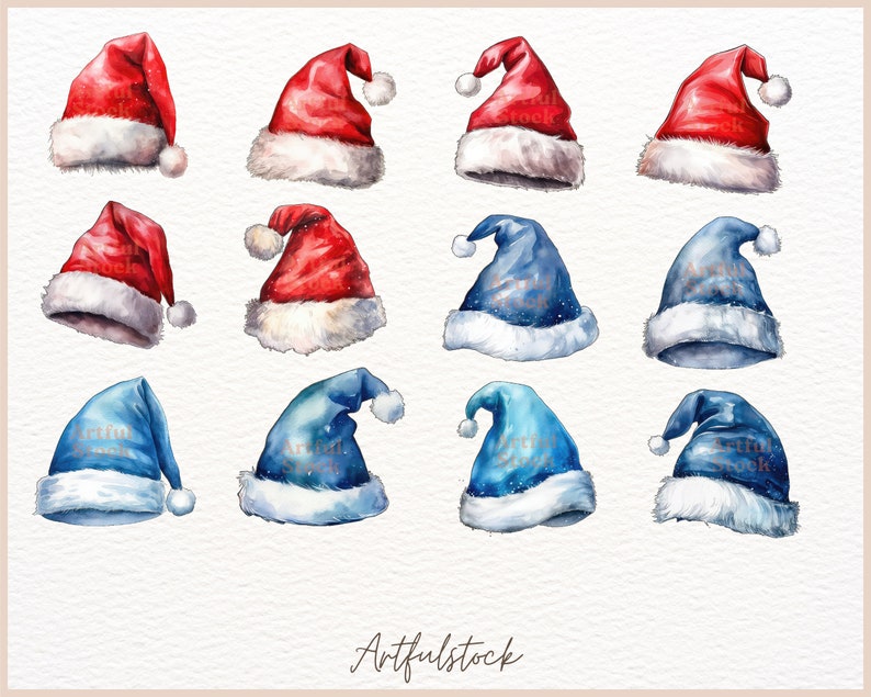 20 Santa Hat Clipart, Watercolor Christmas Clipart, Santa Claus, Winter ...
