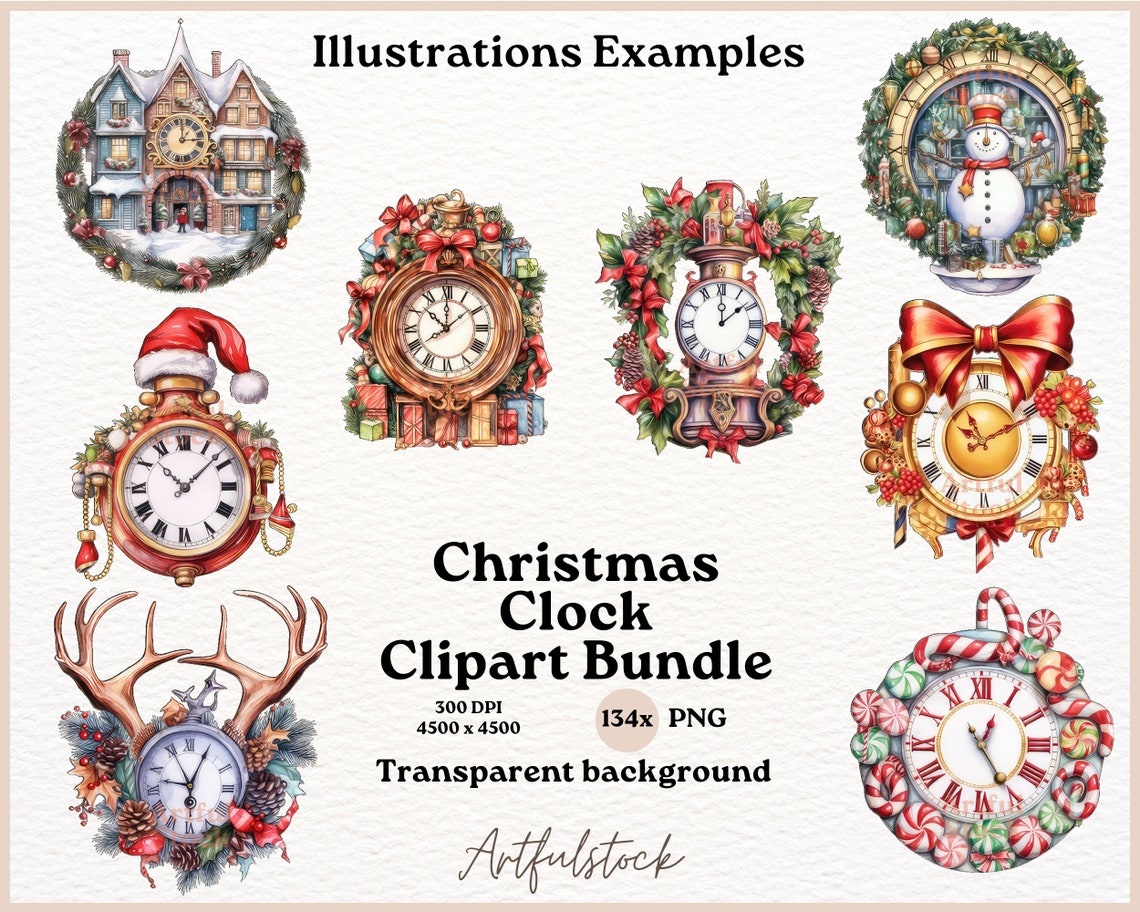 134x Christmas Clock Clipart, Watercolor Christmas Clock Clipart ...