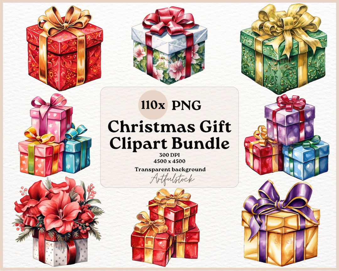 Christmas Gift Clipart, Christmas Present Clipart, Watercolor Christmas ...