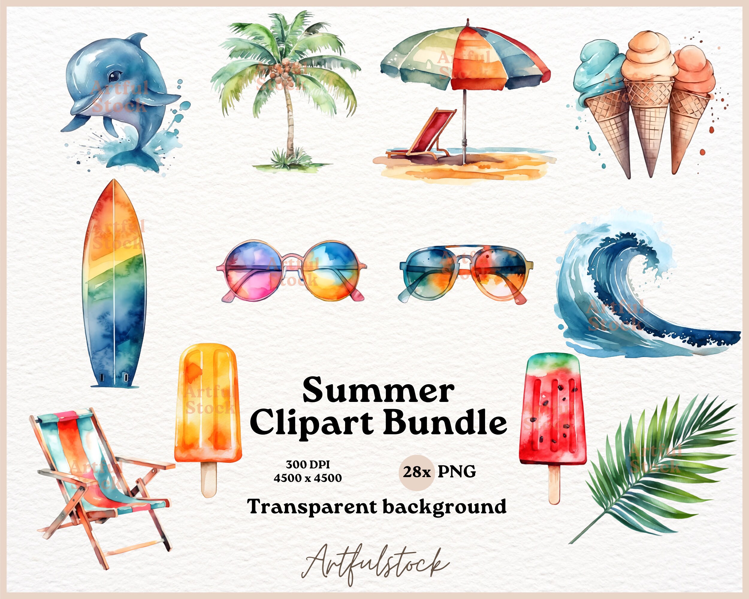 Summer Clipart, Watercolor Summer Clipart, Beach Clipart, Transparent ...