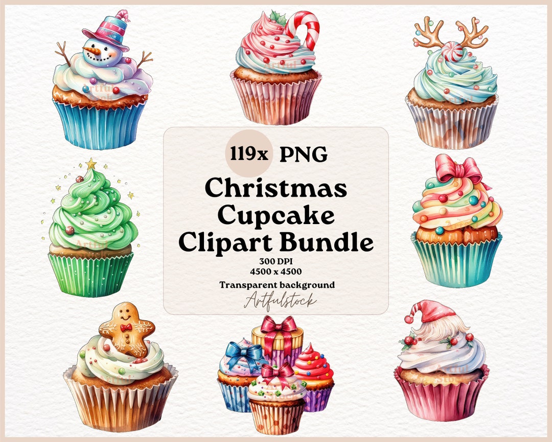 119 Christmas Cupcake Clipart, Watercolor Christmas Cupcake, Christmas ...