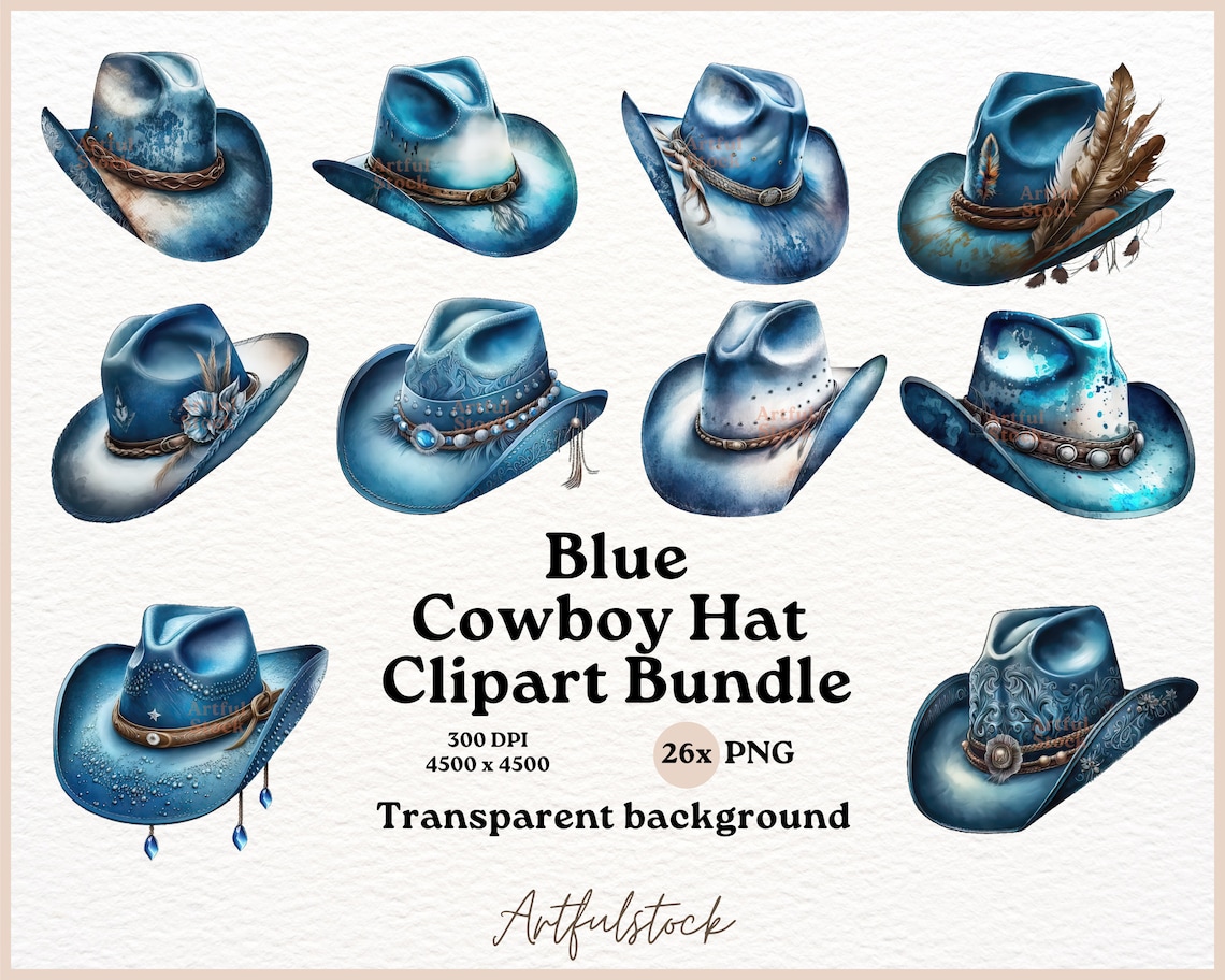 Blue Cowboy Hat Clipart, Cowboy Hat Clipart, Watercolor Cowboy Hat ...