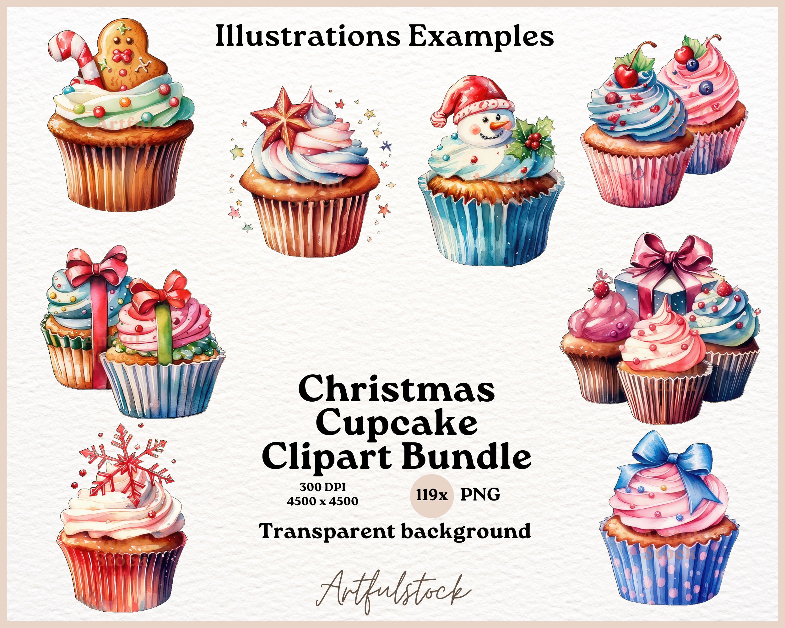 119 Christmas Cupcake Clipart, Watercolor Christmas Cupcake, Christmas ...