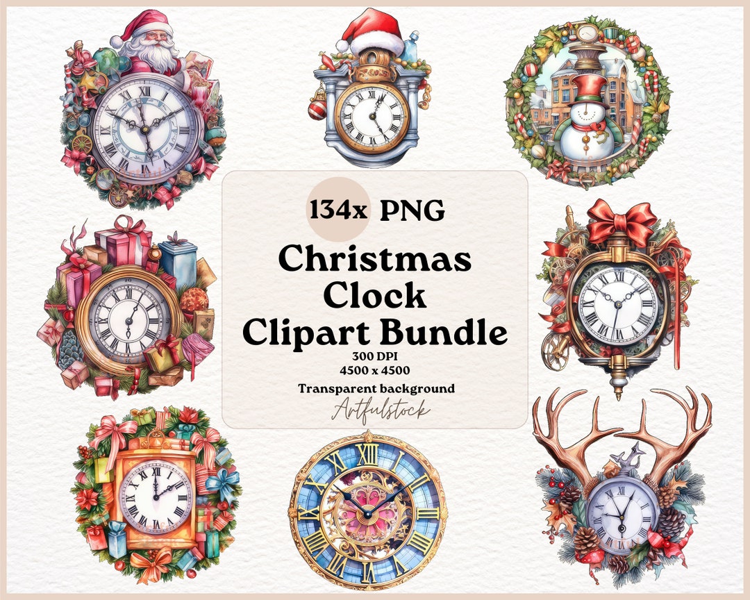 134x Christmas Clock Clipart, Watercolor Christmas Clock Clipart ...
