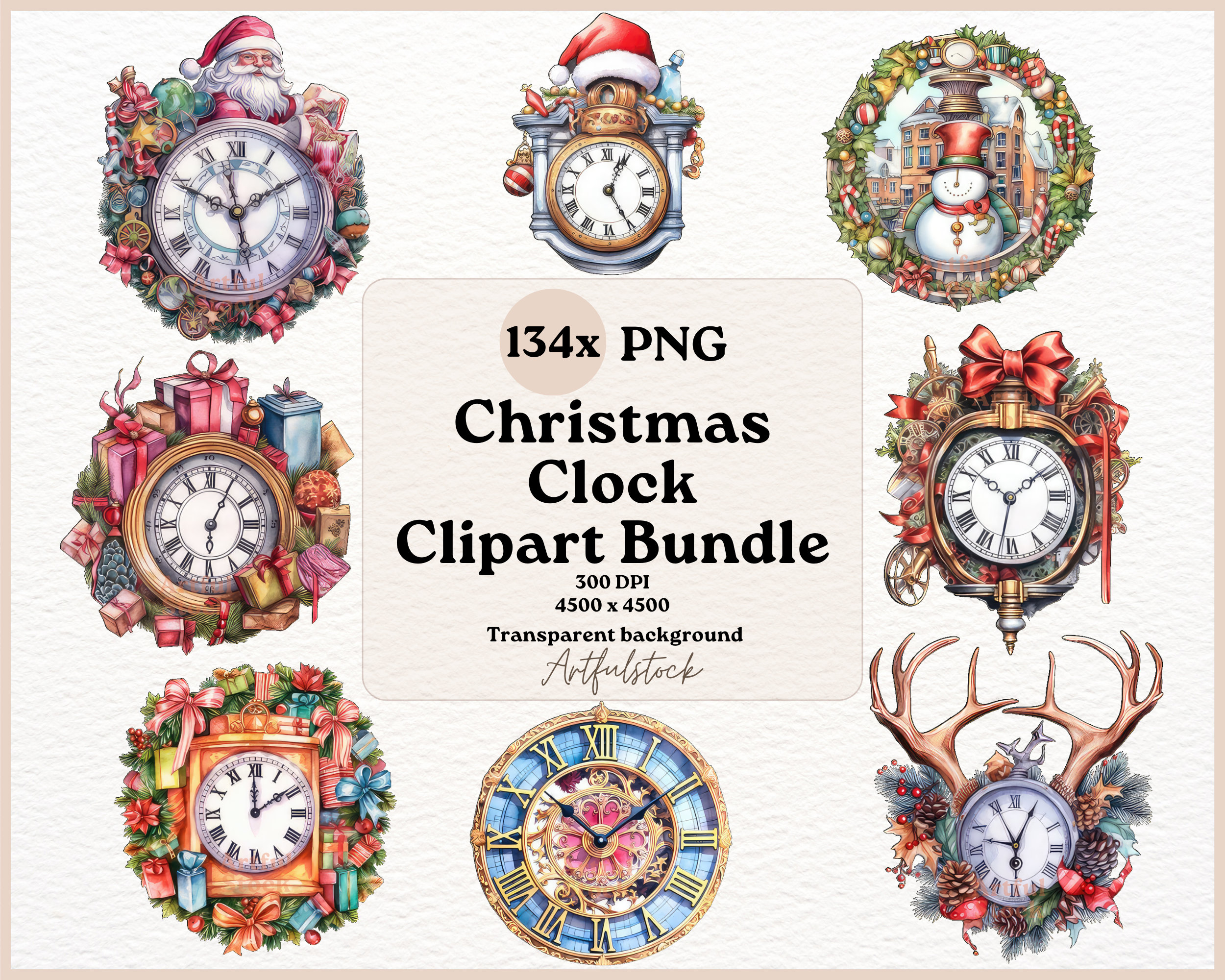134x Christmas Clock Clipart, Watercolor Christmas Clock Clipart ...