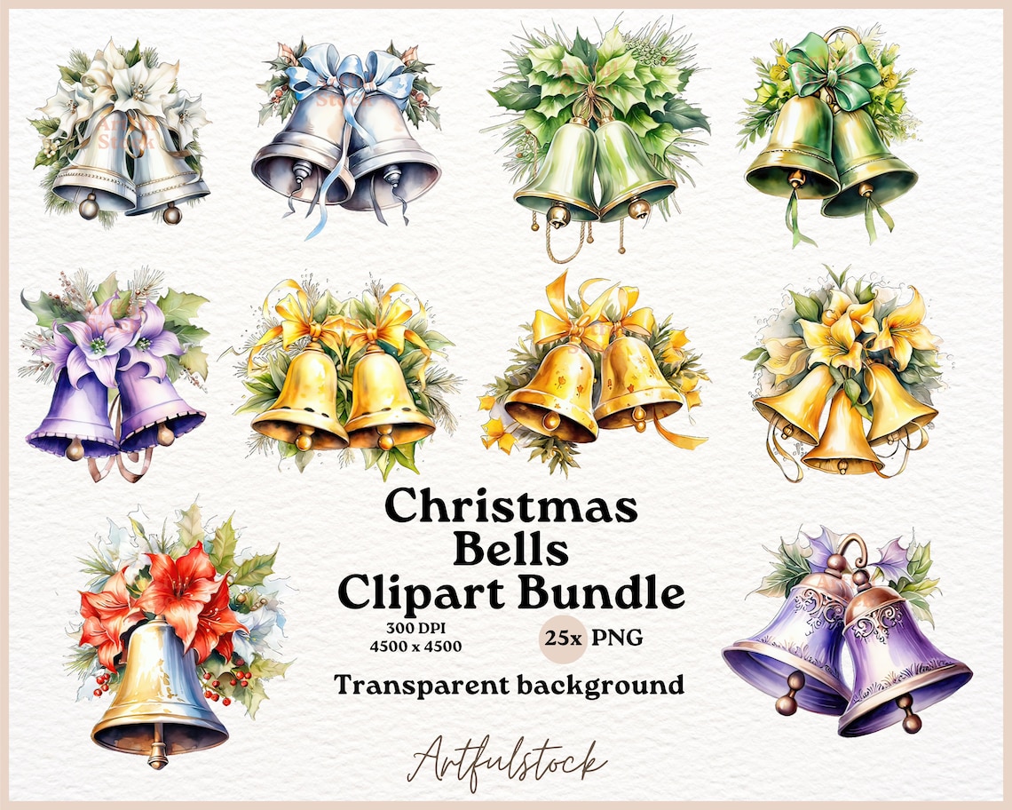 25 Watercolor Christmas Bells Clipart, Christmas Clipart, Christmas ...