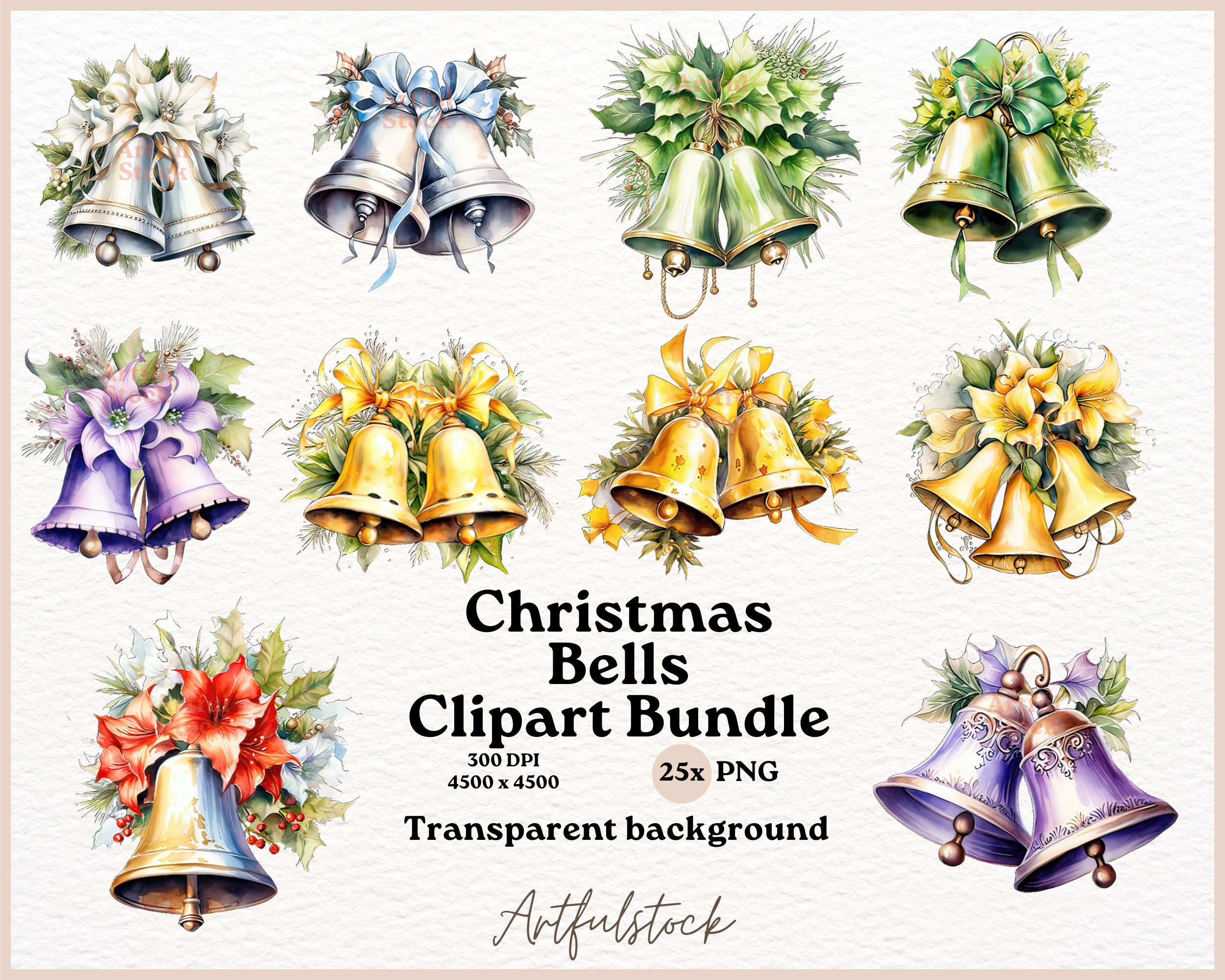 25 Watercolor Christmas Bells Clipart, Christmas Clipart, Christmas ...