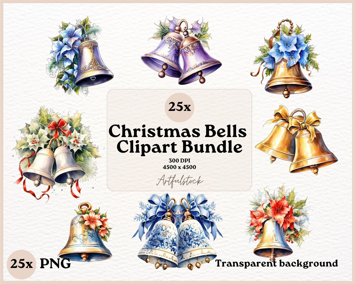 25 Watercolor Christmas Bells Clipart, Christmas Clipart, Christmas ...