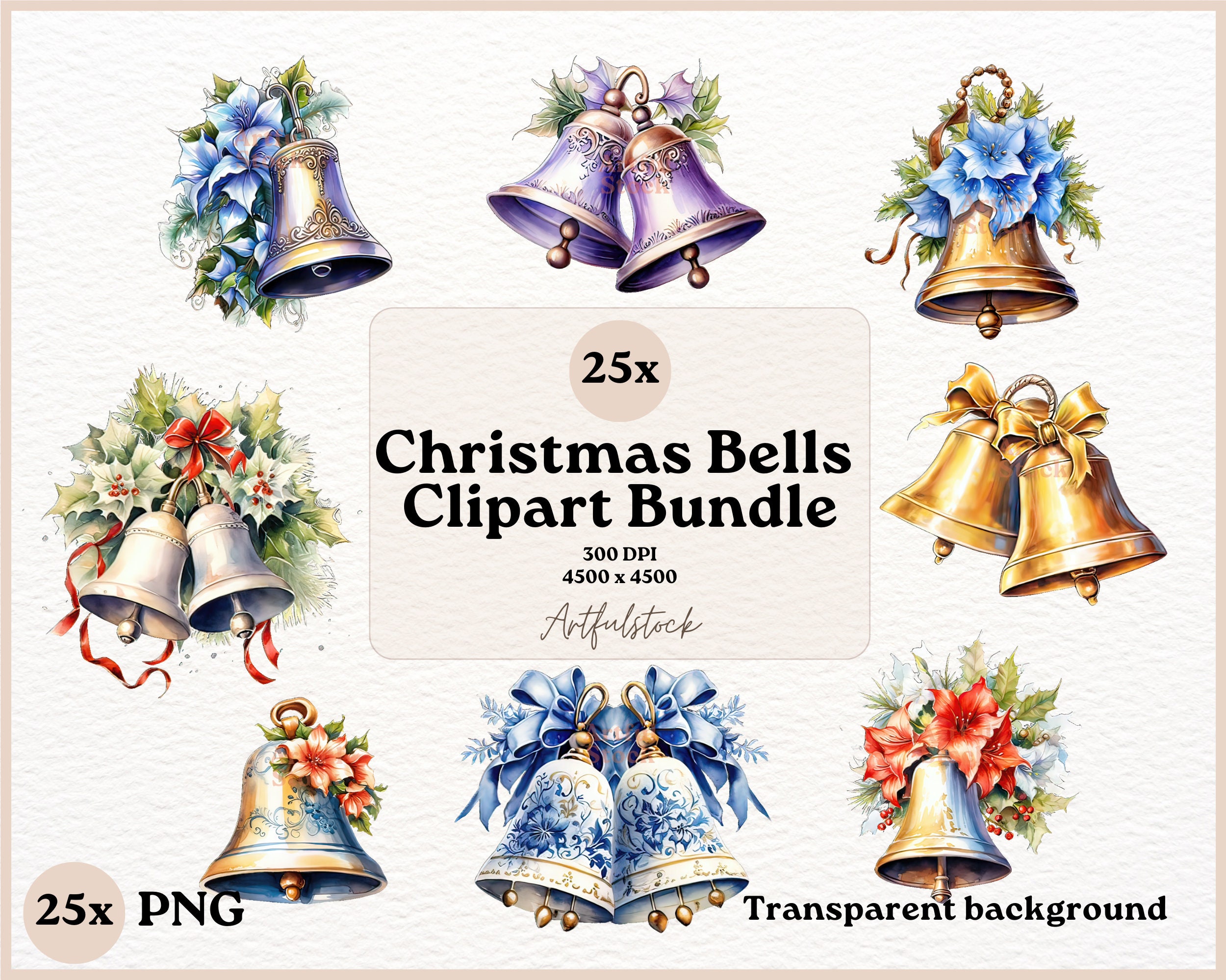 25 Watercolor Christmas Bells Clipart, Christmas Clipart, Christmas ...