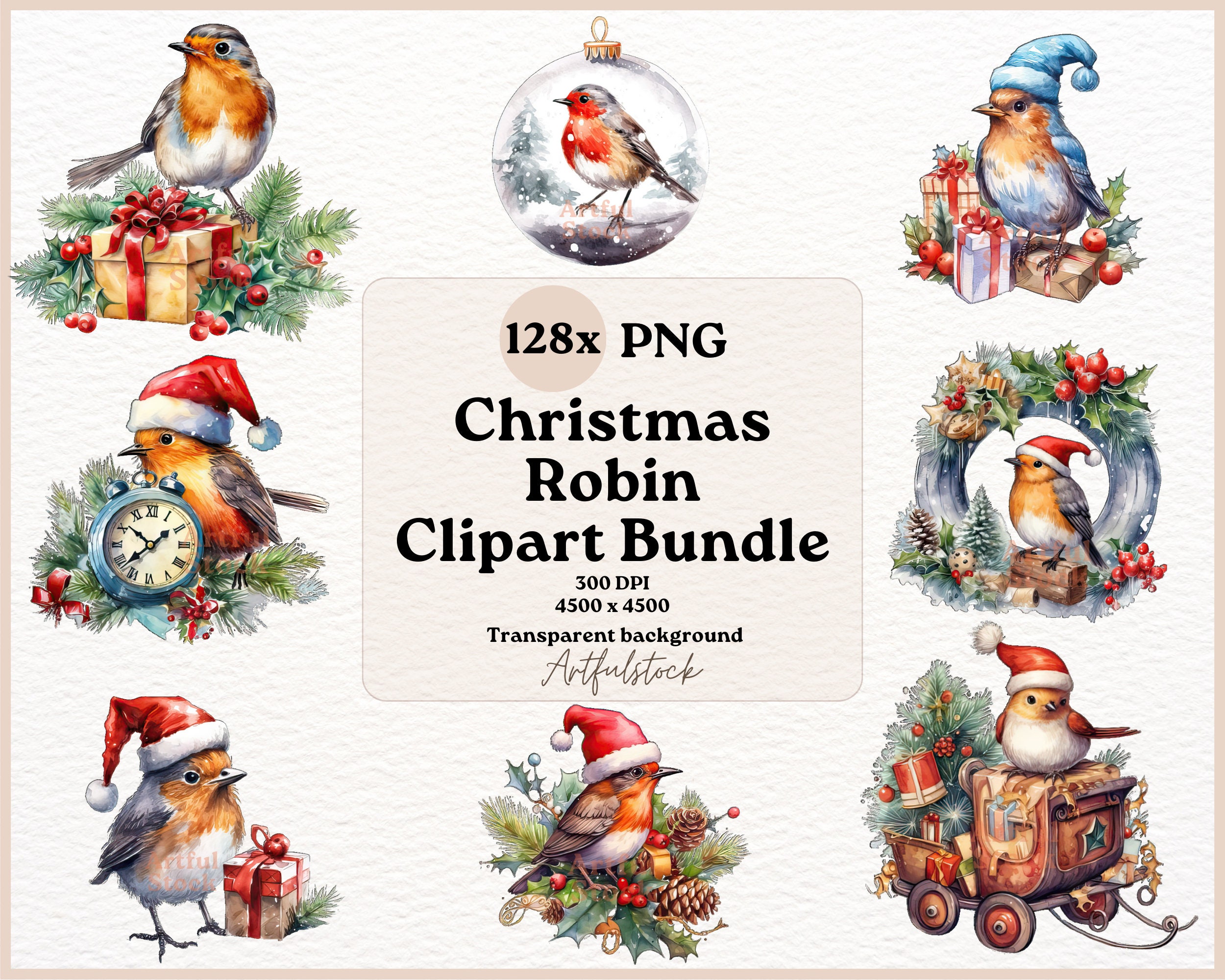 Christmas Robin Clipart, Robin Clipart, 128x PNG, Digital Paper Craft ...