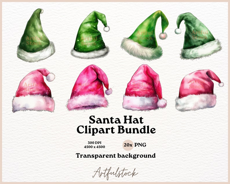 20 Santa Hat Clipart, Watercolor Christmas Clipart, Santa Claus, Winter ...
