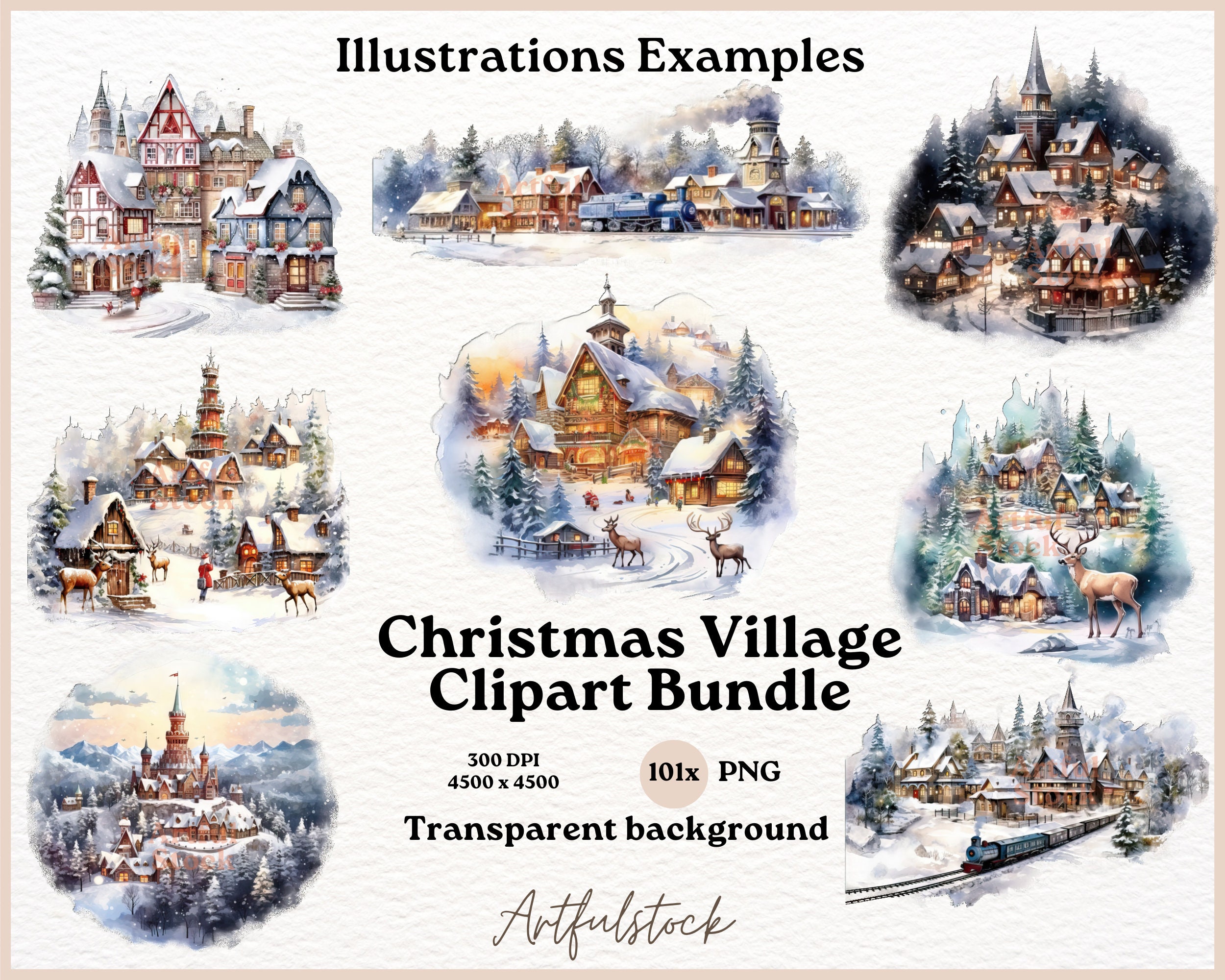Watercolor Christmas Village Clipart, Christmas Village Clipart, Winter ...