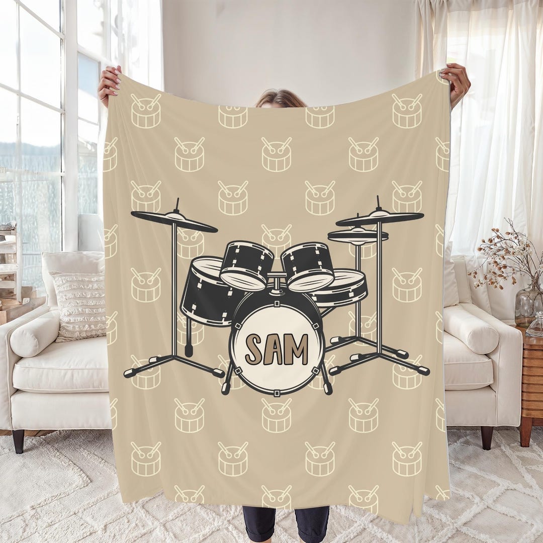 Personalized Drum Kit Blanket, Custom Name on Drum Set Illustration ...