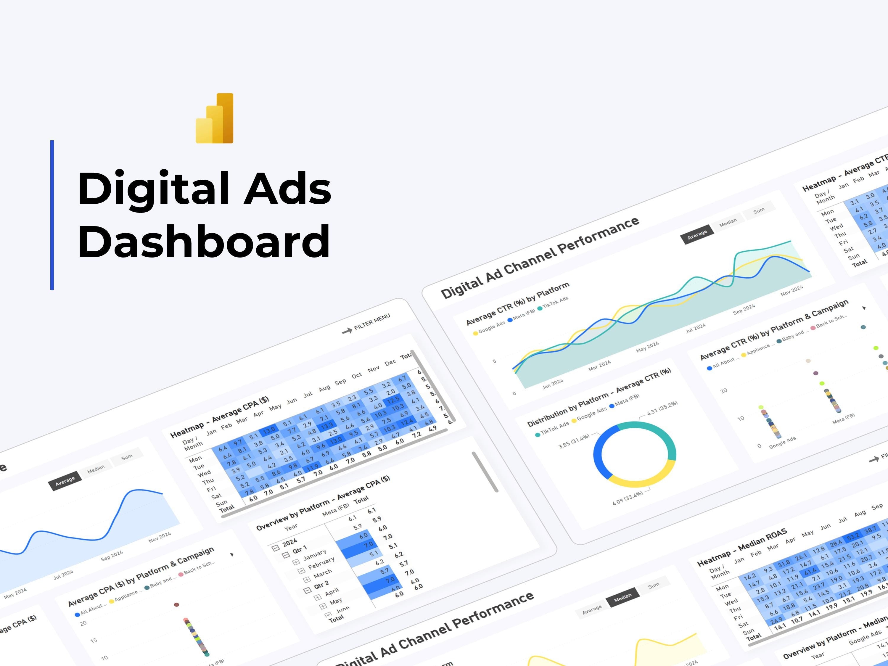 Digital Ads Power BI Dashboard Template Light | Meta | Google Ads | Tiktok - Etsy UK