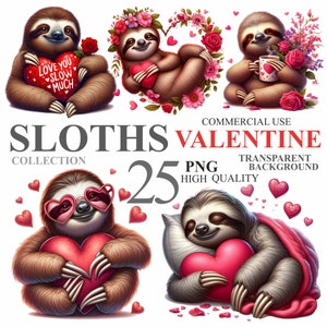 25 Watercolor Valentine Sloths Pack, February 14th Cute Animals Clip ...