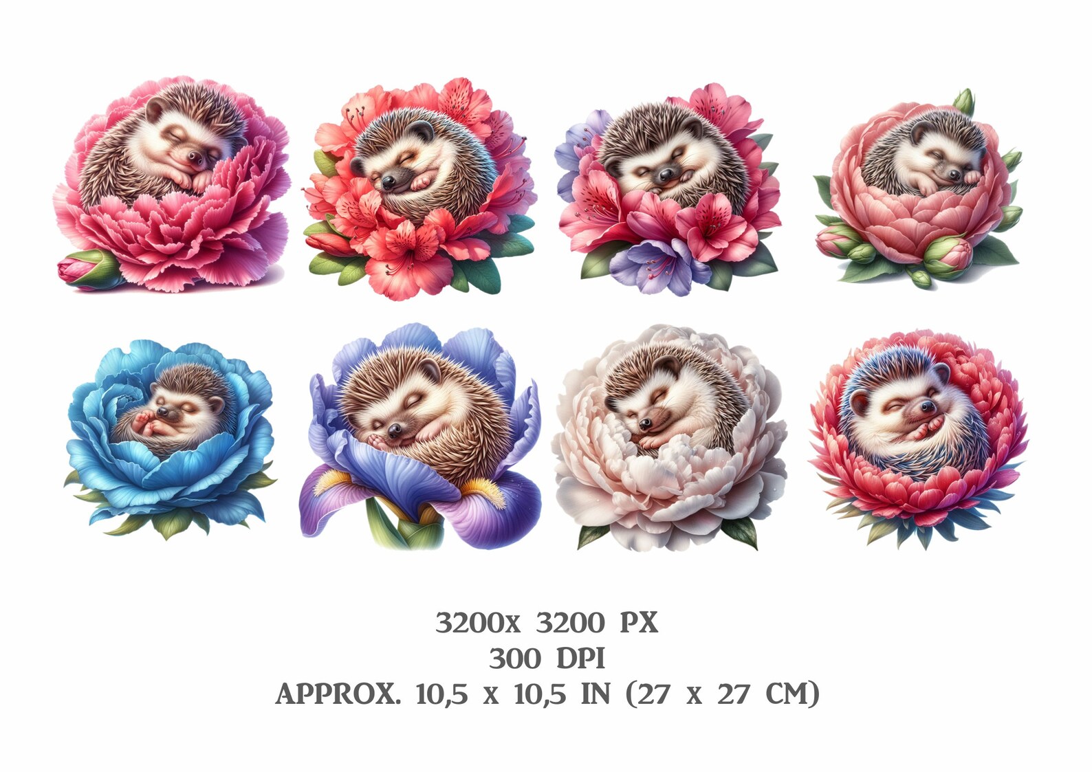 15 Watercolor Hedgehogs in Flowers Pack, Cute Floral Hedgehog PNG Clip ...