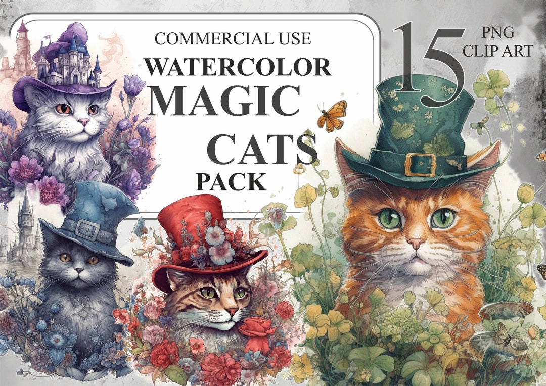 Watercolour Magic Cats Pack, 15 Watercolor Witch Cat in Hat PNG Digital ...