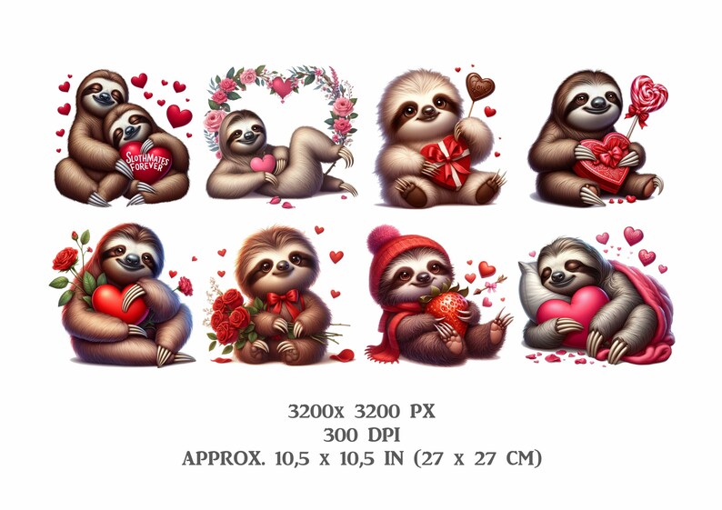 25 Watercolor Valentine Sloths Pack, February 14th Cute Animals Clip ...