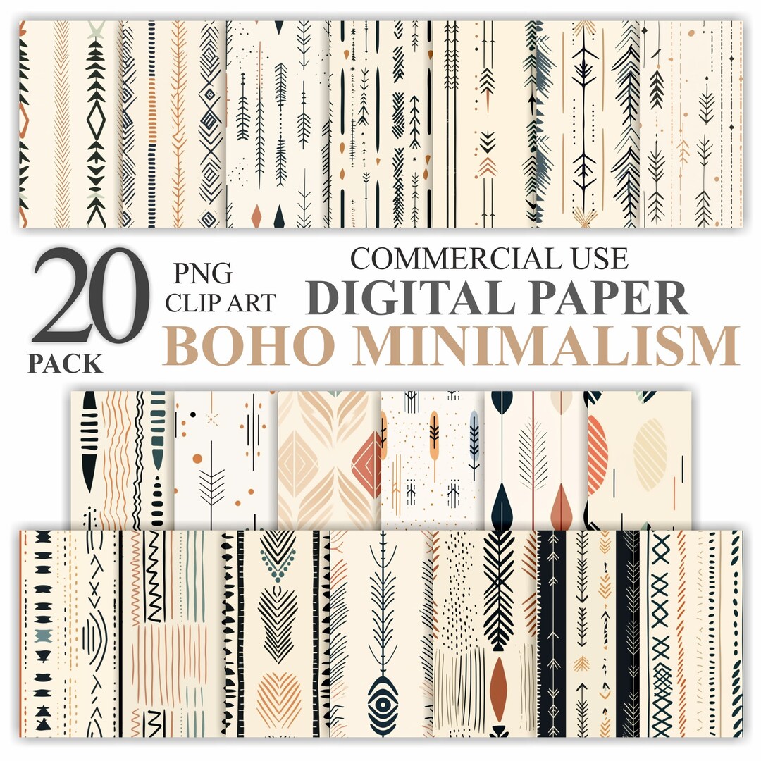 20 Boho Minimalism Digital Paper Pack, Boho Lines Seamless Pattern ...
