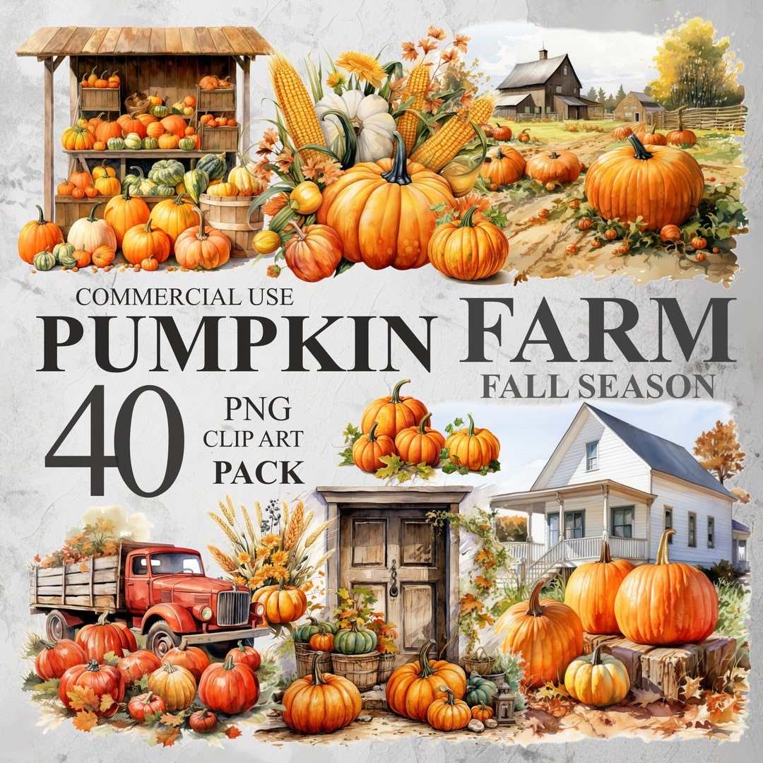 40 Pumpkin Autumn Farm Clipart Watercolor Fall Floral Scenes PNG ...