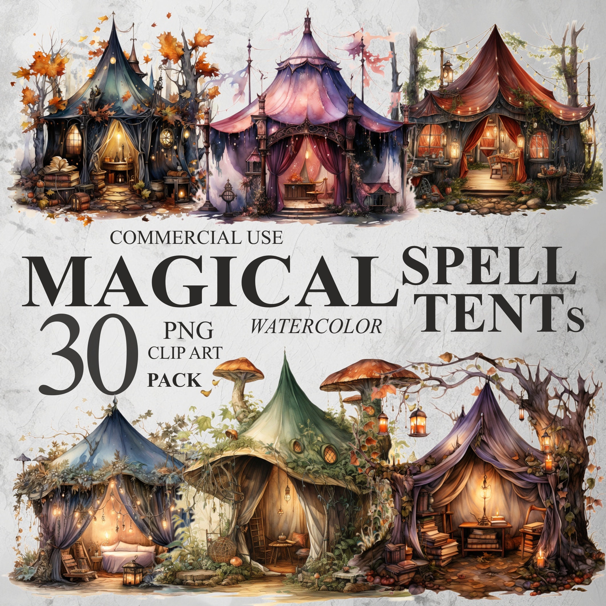 30 Magical Spell Tents Clipart,watercolor Halloween Fantasy PNG Digital ...