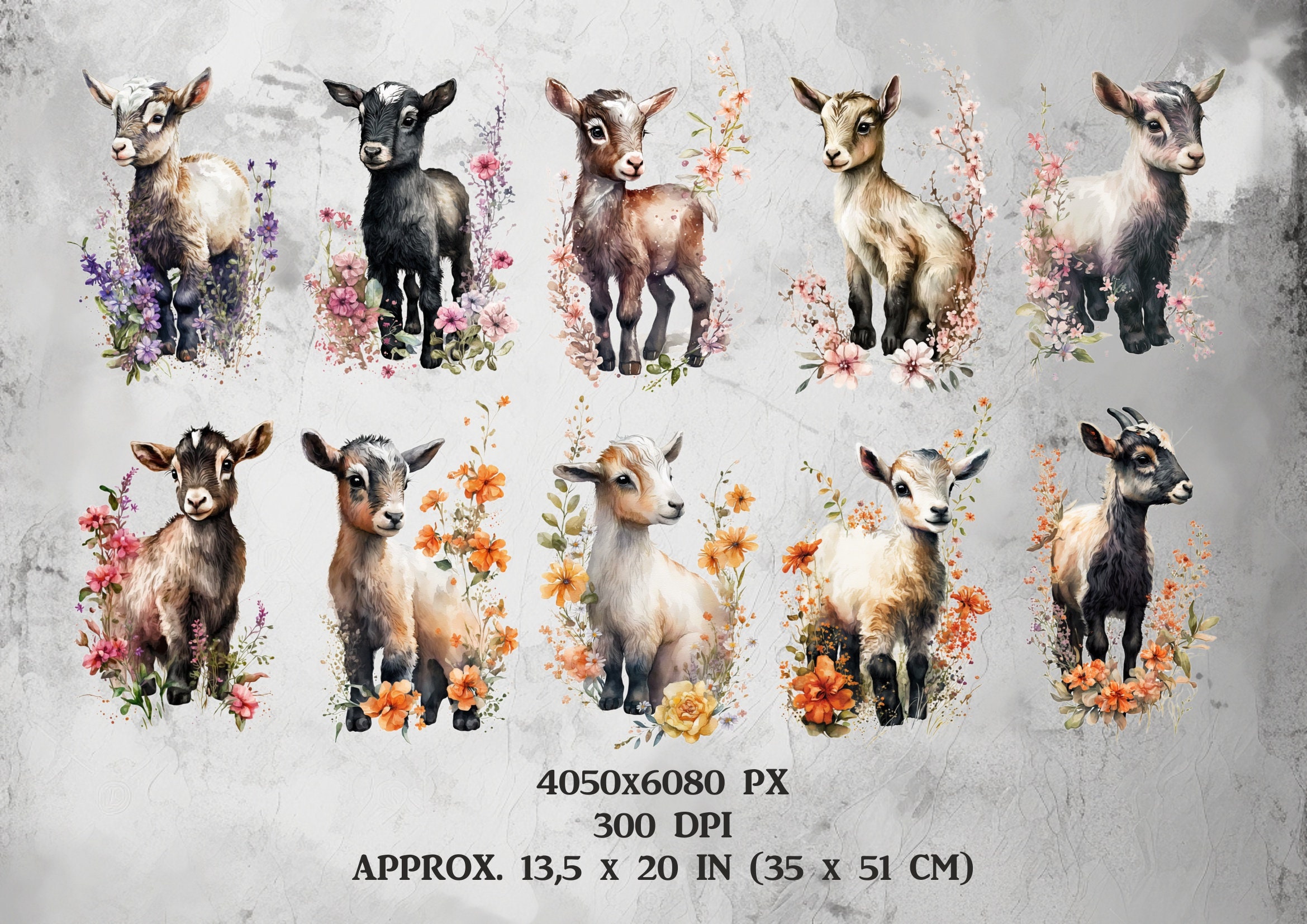 30 Little Goats With Flowers Clipart, Watercolor Cute Goatling PNG ...