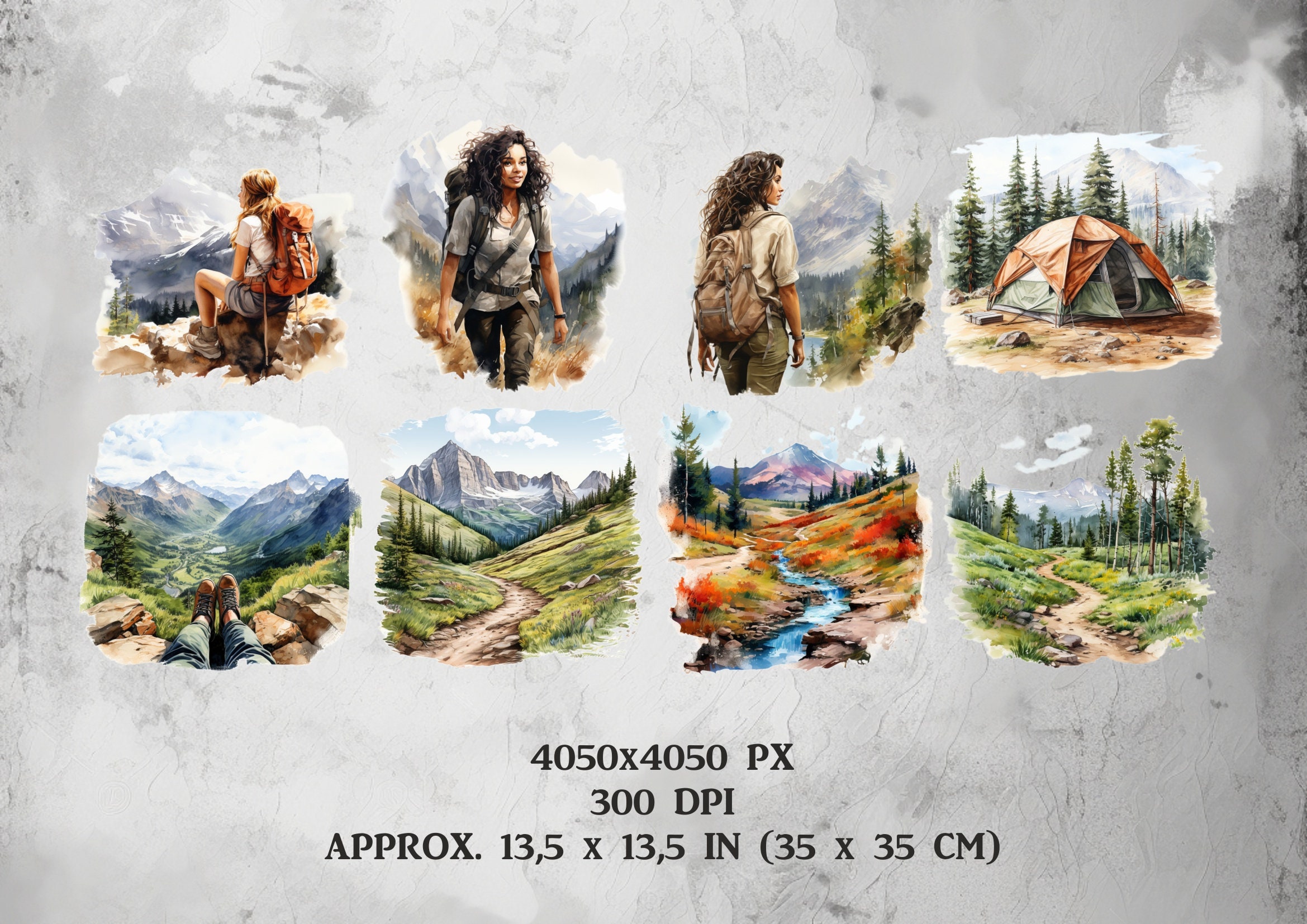 40 Hiking Adventure Clipart, Watercolor Outdoor Vacation PNG Digital ...