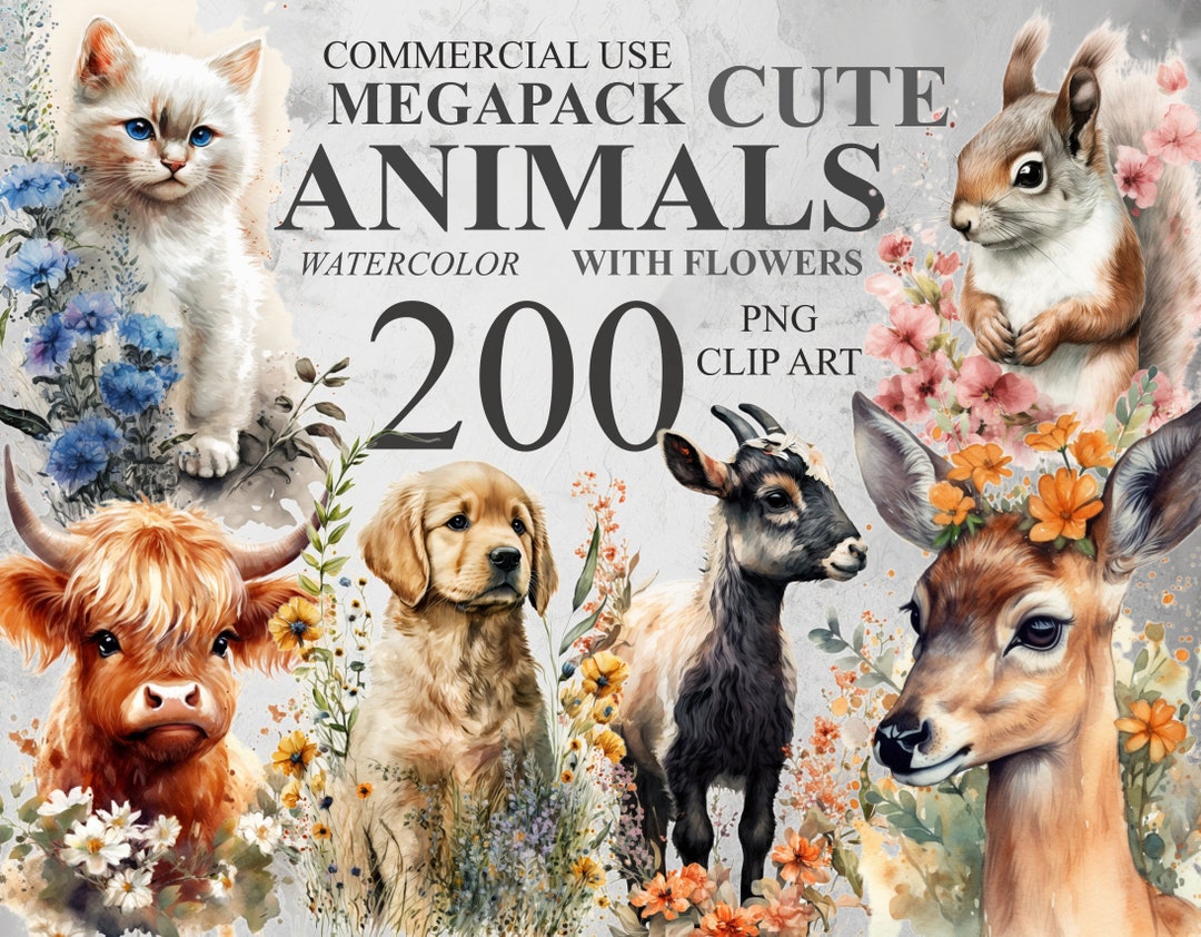 200 Megapack Cute Animals With Flowers Pack, Watercolor Kitten Puppy ...