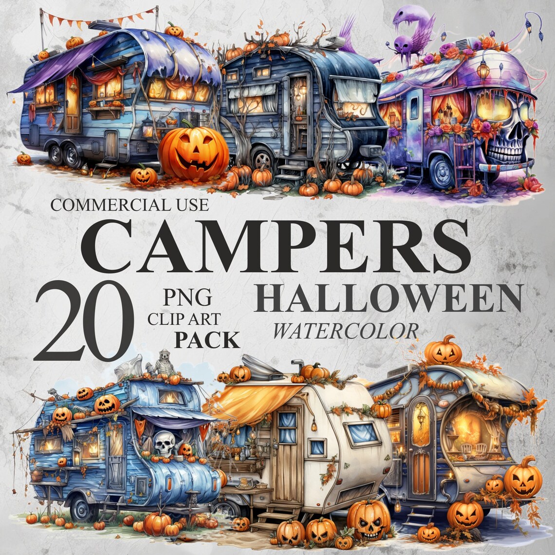 20 Halloween Campers Clipart,watercolor Spooky Caravan PNG Digital Clip ...