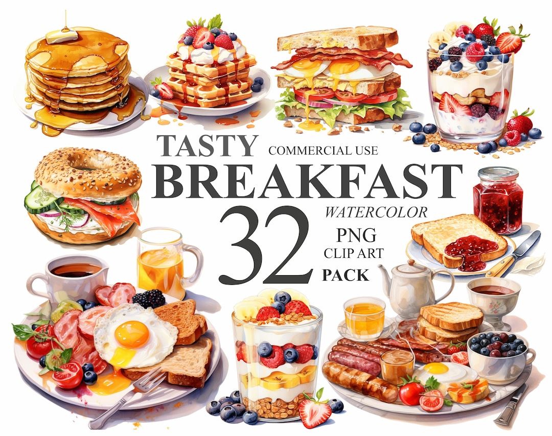32 Tasty Breakfast Clipart, Watercolor Morning Food PNG Digital Clip ...