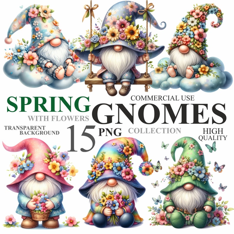 15 Spring Gnomes Pack, Watercolor Cute Easter Gnome With Flowers PNG ...