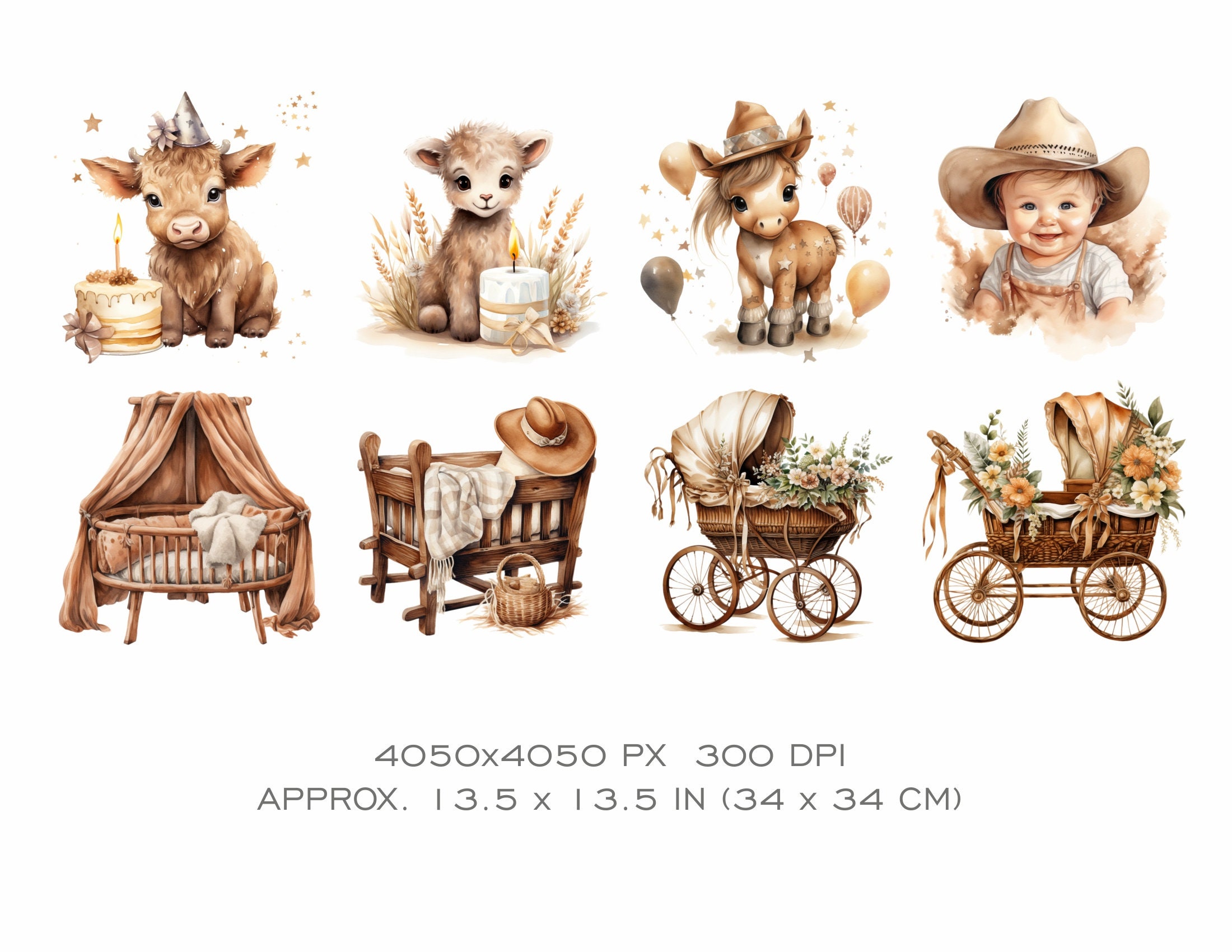 35 Watercolor Baby Shower Clipart Cowboy Baby Bundle Digital Clip Art ...