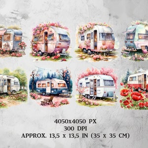 30 Spring Adventure Campers Clipart, Watercolor Flowers Cute Caravan ...