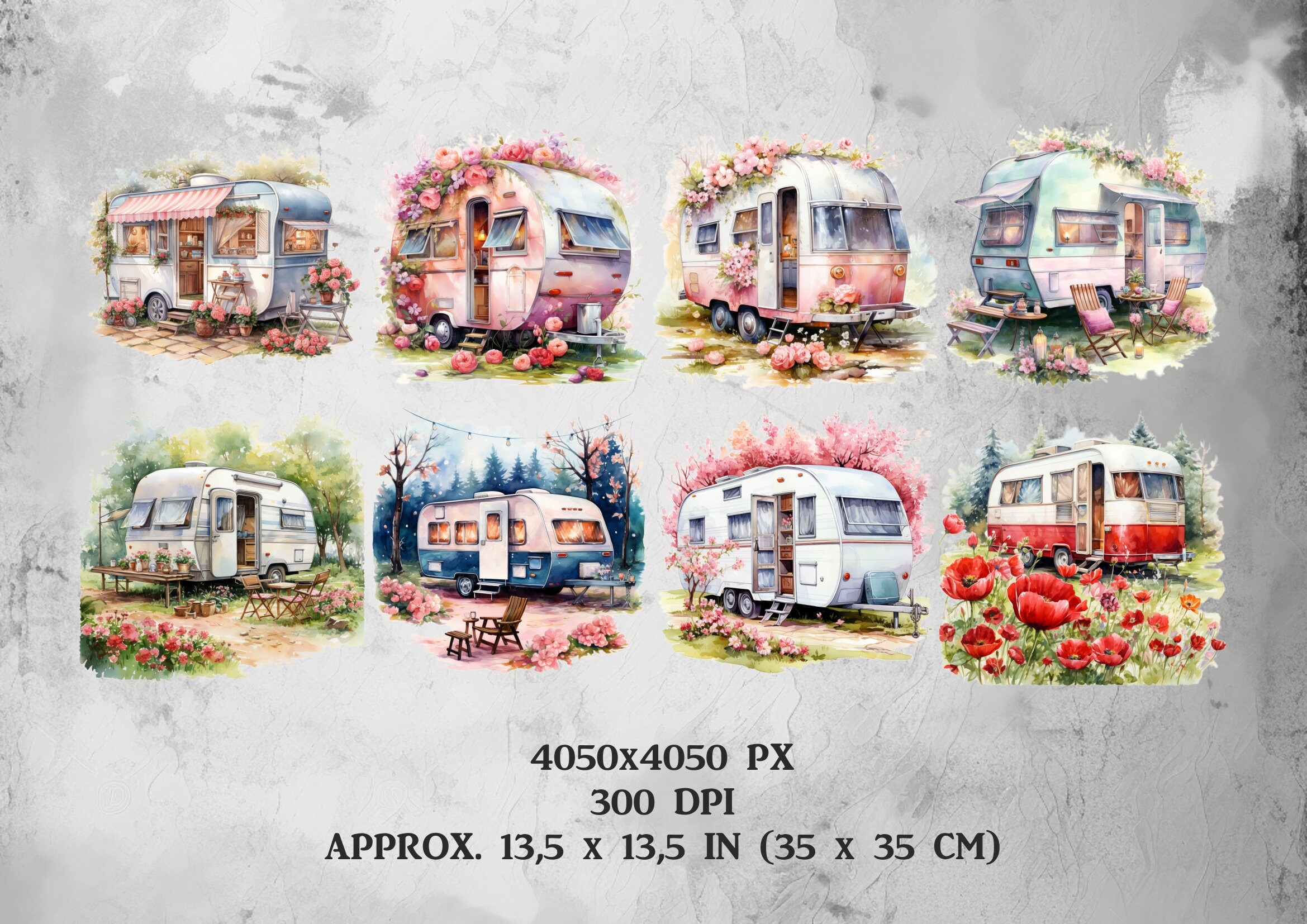 30 Spring Adventure Campers Clipart, Watercolor Flowers Cute Caravan ...