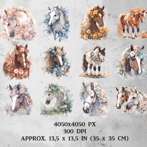 24 Horses With Flowers Clipart, Watercolor Wild Horse PNG Digital Clip ...