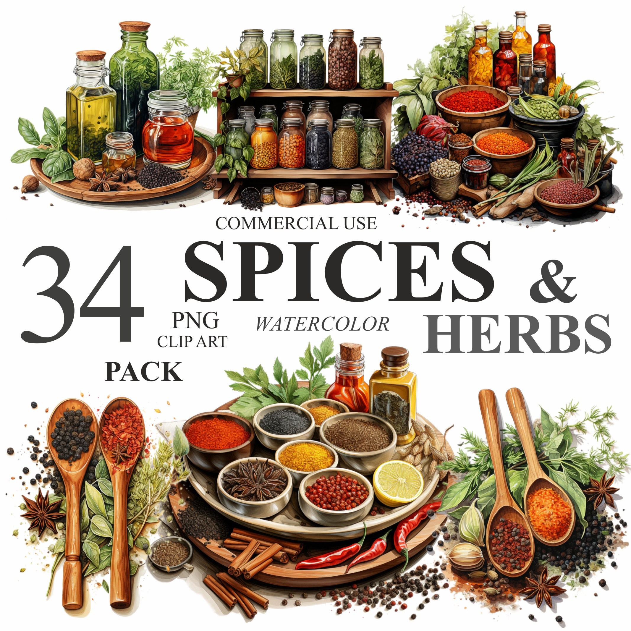 34 Spices and Herbs Watercolor Clipart, Kitchen Food PNG Digital Clip ...
