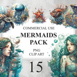 Watercolour Mermaids Clipart Pack, 15 Watercolor Sea Creatures PNG ...