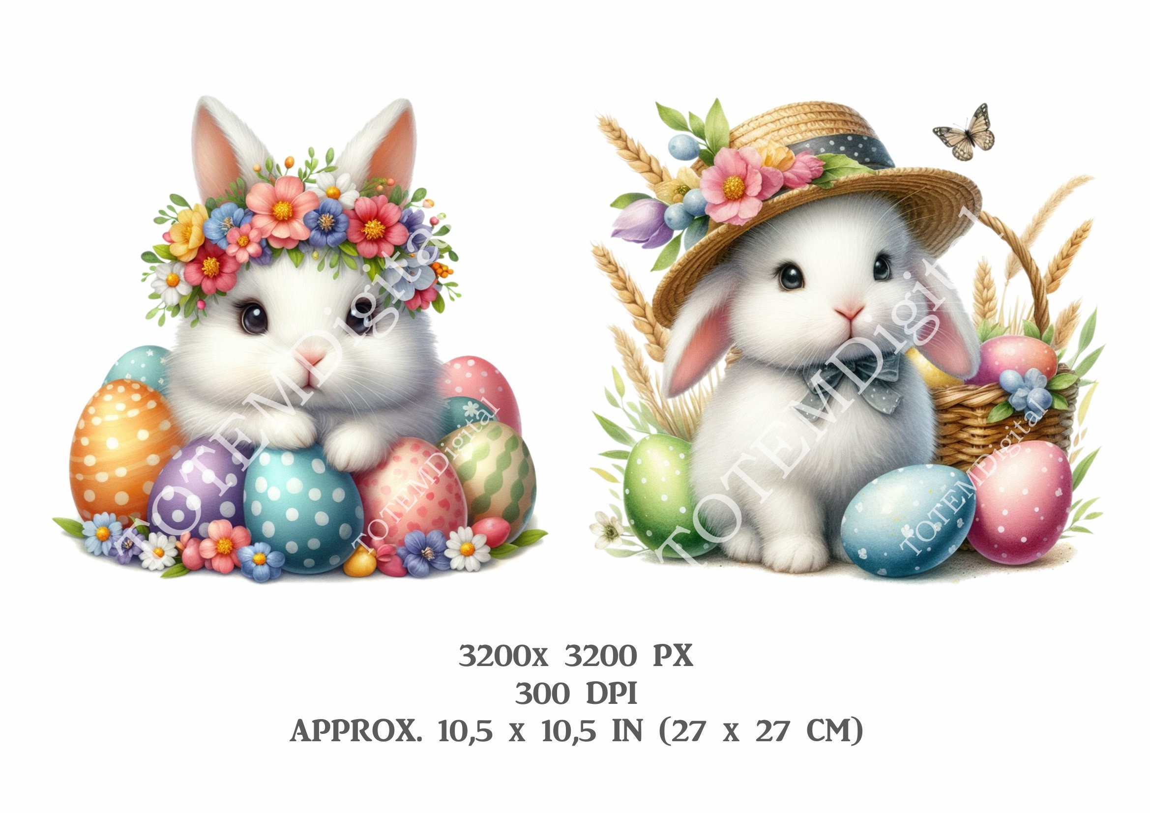 15 Watercolor Easter Bunny Pack, Cute Rabbit With Easter Eggs and ...