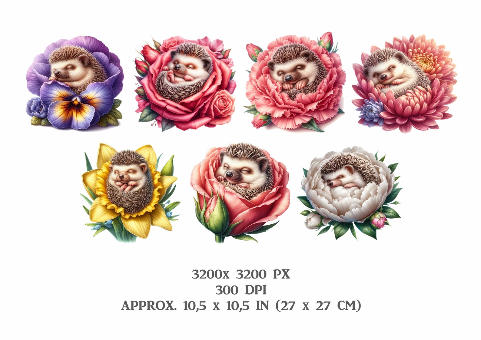 15 Watercolor Hedgehogs in Flowers Pack, Cute Floral Hedgehog PNG Clip ...